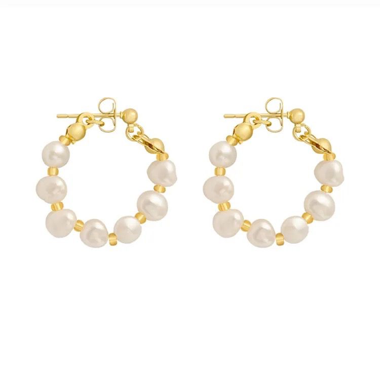 Teall Gold White Pearl Hoop Earrings | Hypoallergenic